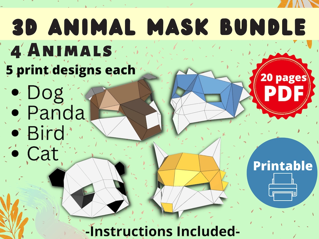 3D Animal Paper Craft Mask Bundle for Kids PDF Instant Download ...