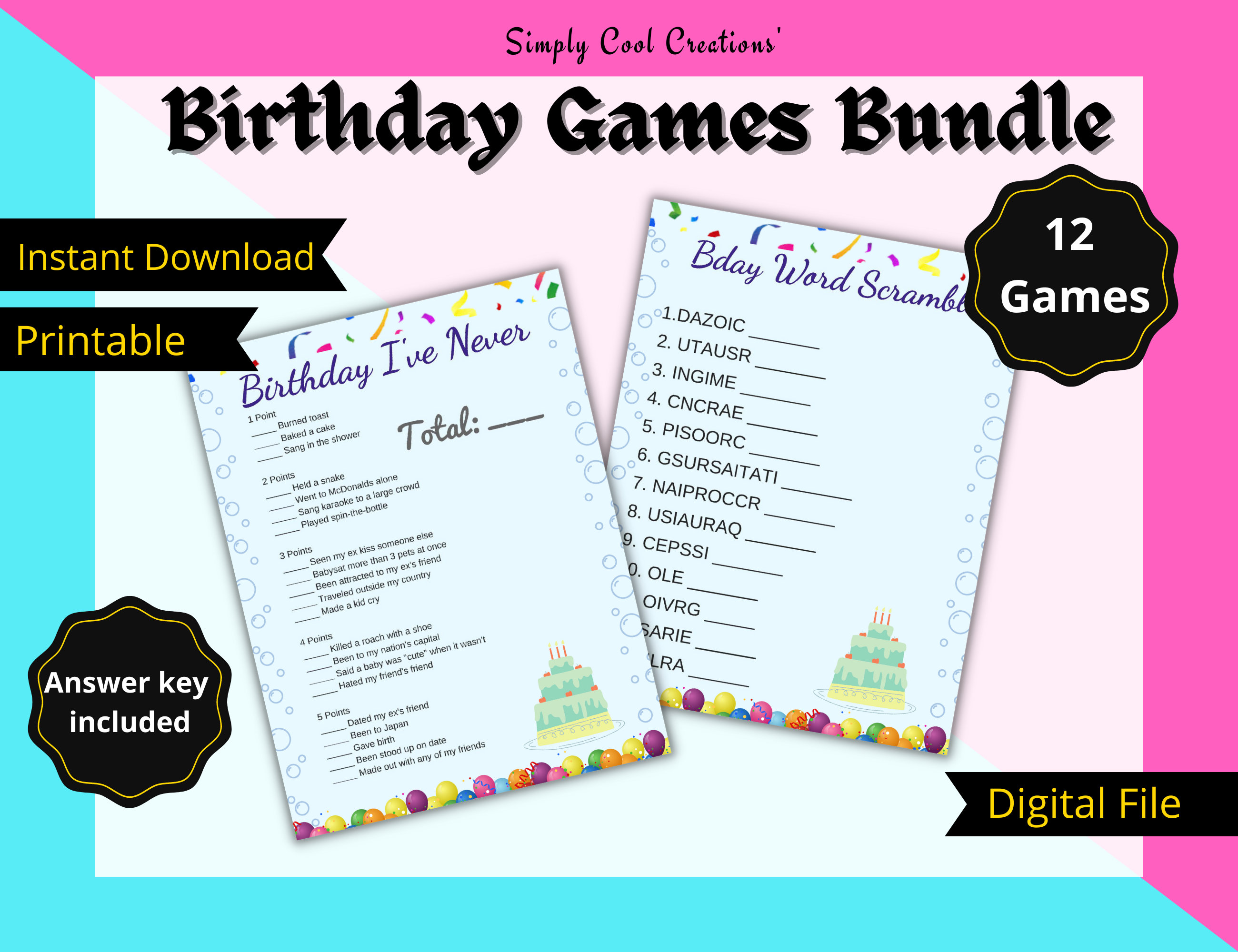 12 Birthday Party Printable Games Bingo, Cake a Gories, I've Never ...