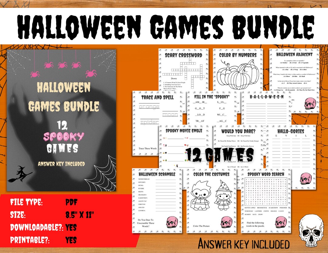 Skull Halloween Games Bundle Printable Spooky Games for Kids and Teens ...