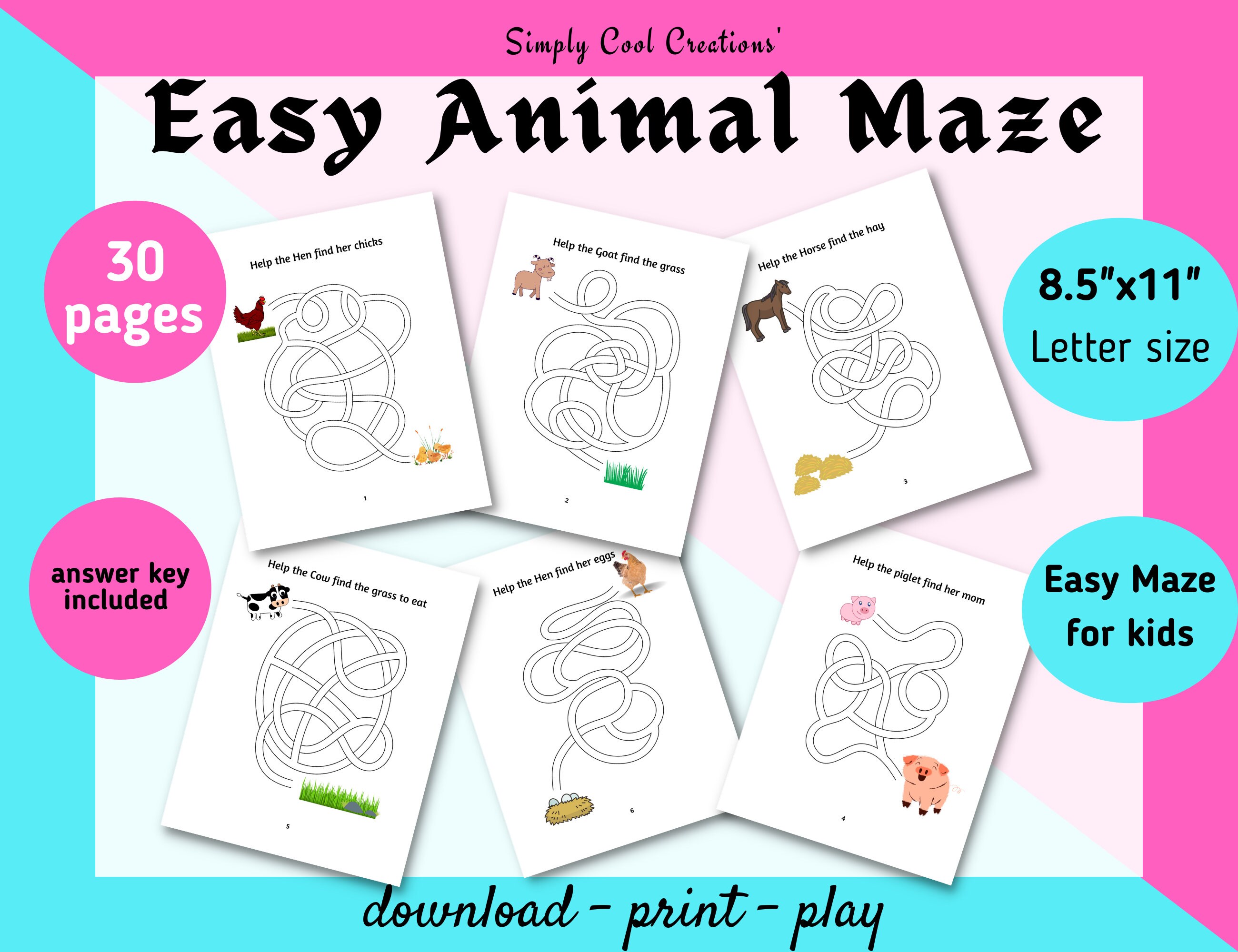 30 Printable Fun Animal Maze Educational Game for Kids Pre-school ...