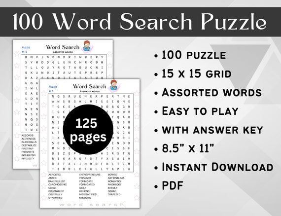 100 Word Search Puzzle Assorted Words Easy Word Games for Kids - Etsy