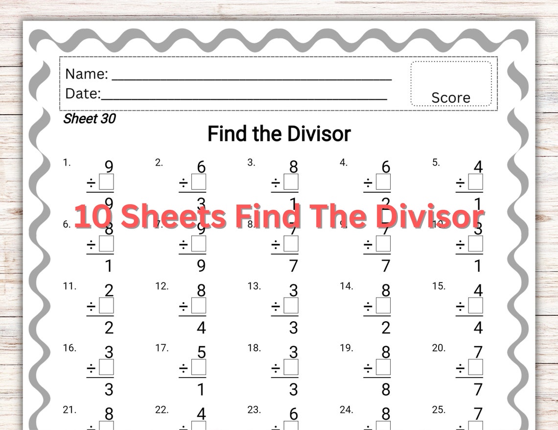 30 Single-digit Division Math Worksheet - Find the Quotient, Divisor ...