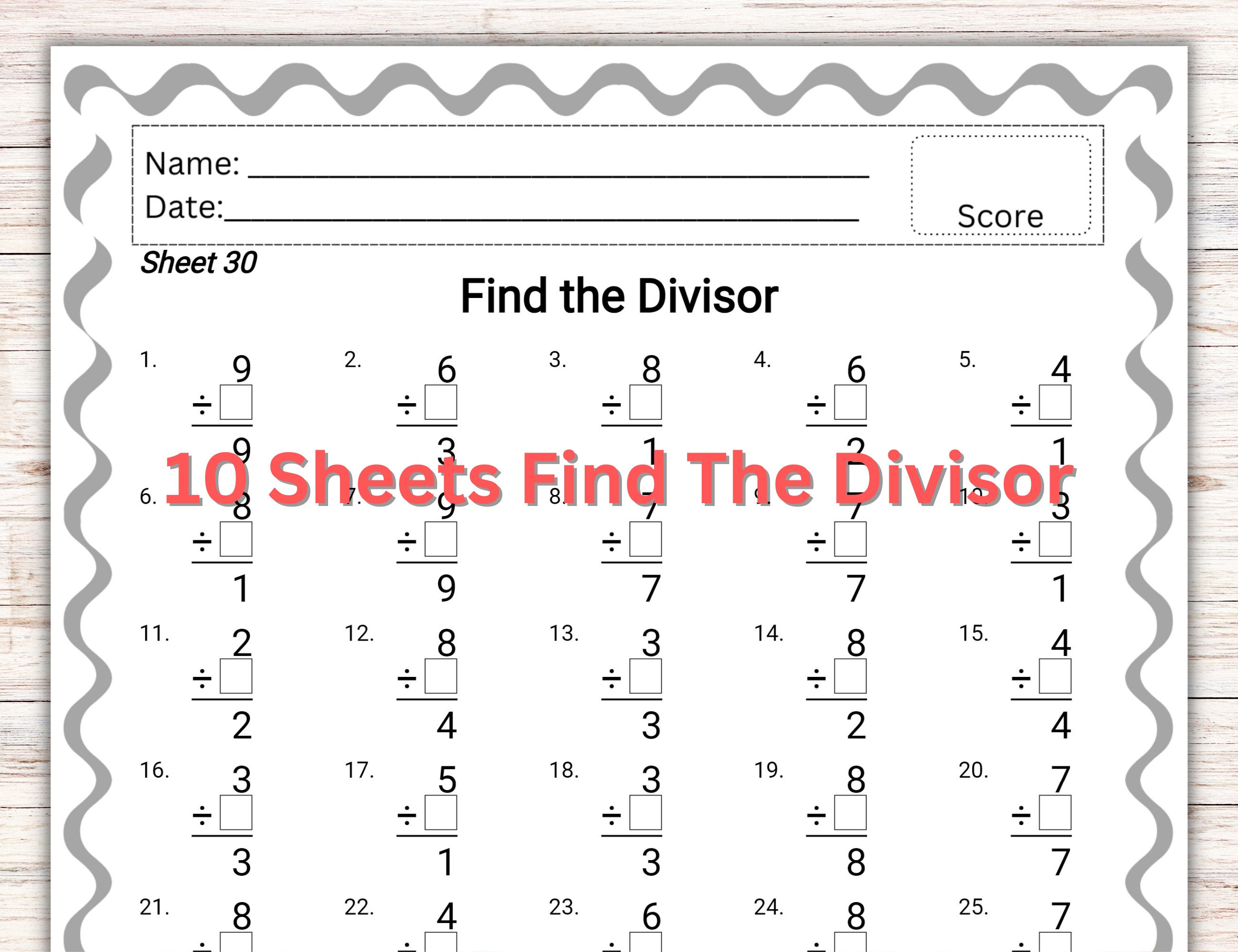 30 Single-digit Division Math Worksheet - Find the Quotient, Divisor ...