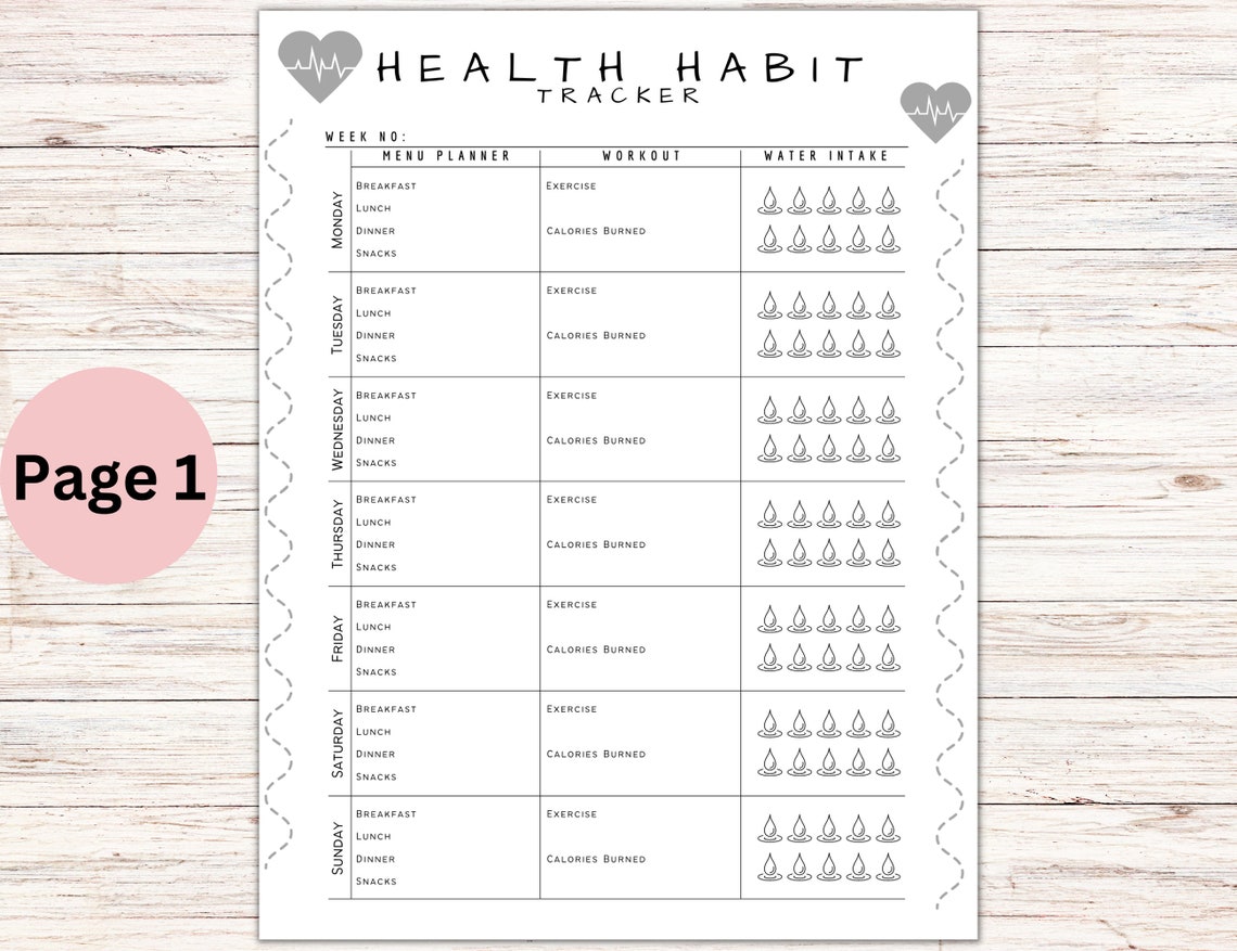Printable Health Habit Tracker, Meal Planner, Workout and Water Intake ...