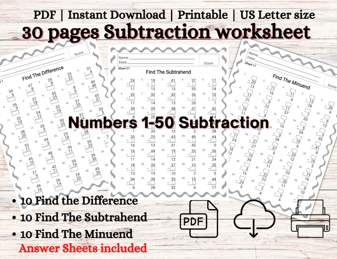 Numbers 1-50 Subtraction Worksheet for Grade School | 30 Sheets ...