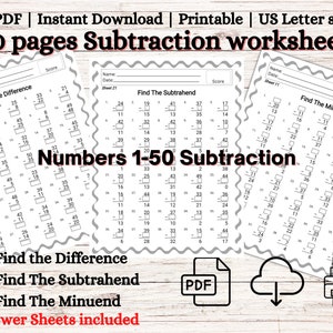 Numbers 1-50 Subtraction Worksheet for Grade School | 30 Sheets ...