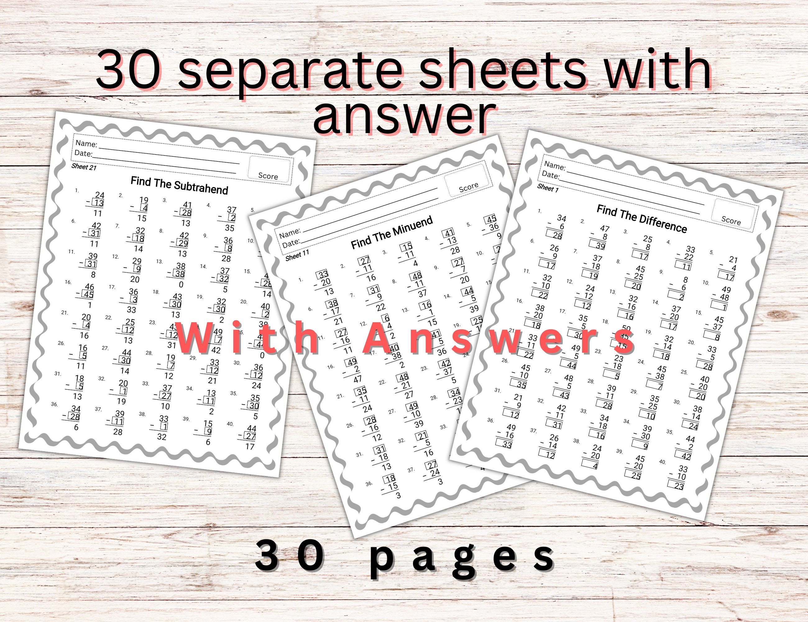 Numbers 1-50 Subtraction Worksheet for Grade School | 30 Sheets ...