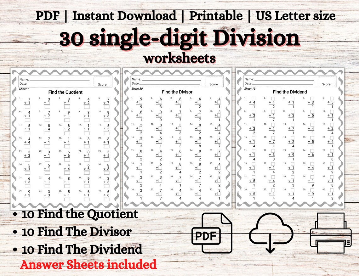 30 Single-digit Division Math Worksheet - Find the Quotient, Divisor ...