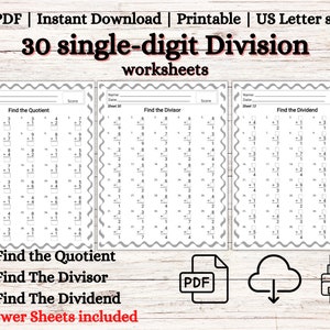 30 Single-digit Division Math Worksheet - Find the Quotient, Divisor ...