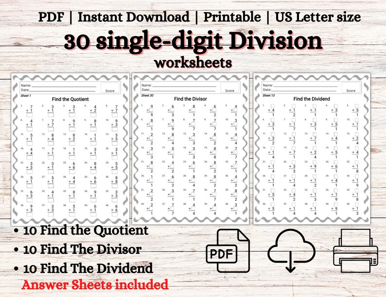 30 Single-digit Division Math Worksheet - Find the Quotient, Divisor ...