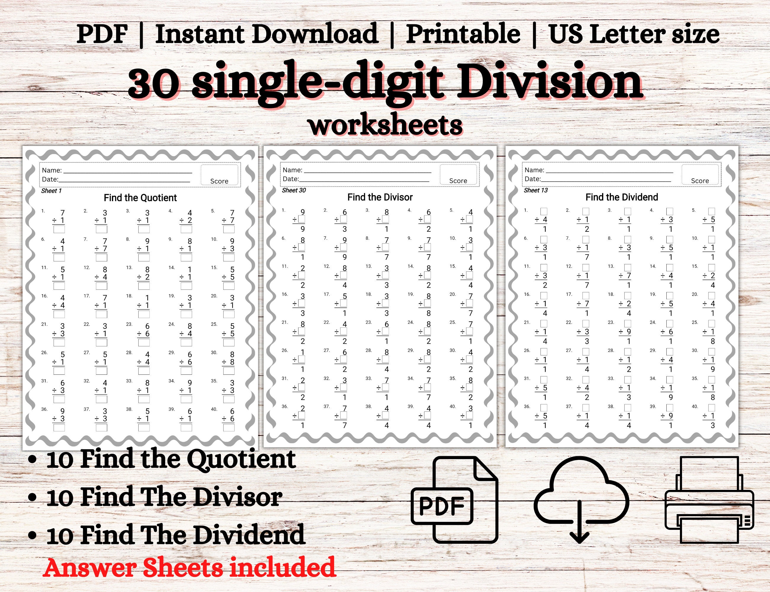 30 Single-digit Division Math Worksheet - Find the Quotient, Divisor ...