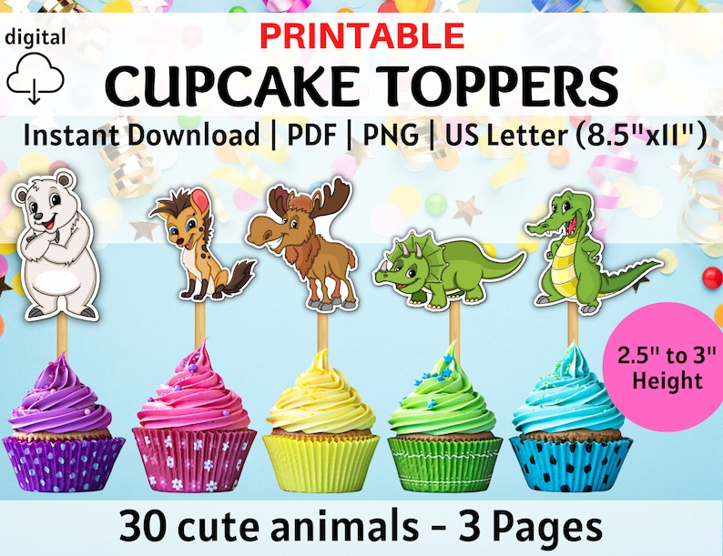 Printable Animals Cupcake Toppers 30 Cute Animals Happy Animals Jungle ...
