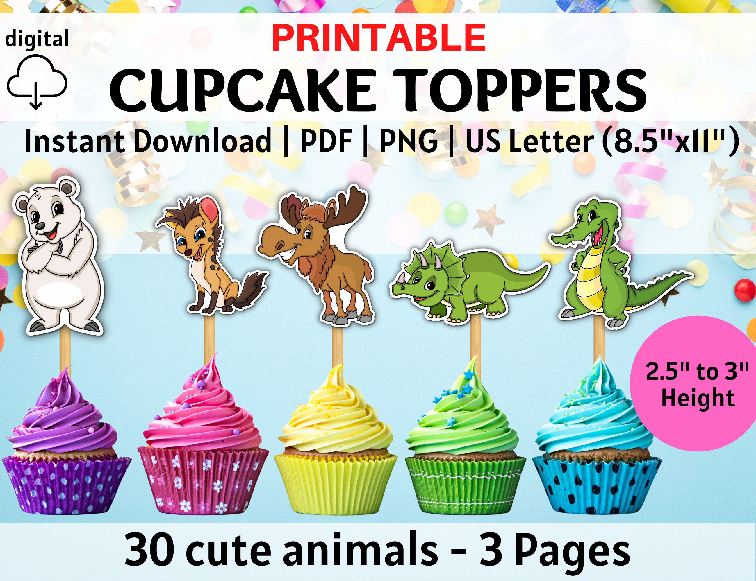 Printable Animals Cupcake Toppers 30 Cute Animals Happy Animals Jungle ...