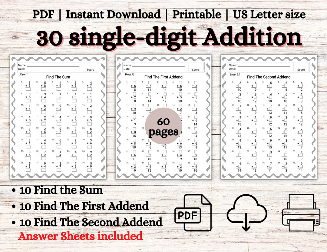30 Single-digit Addition Worksheet - Find the Sum, Find the Addend ...