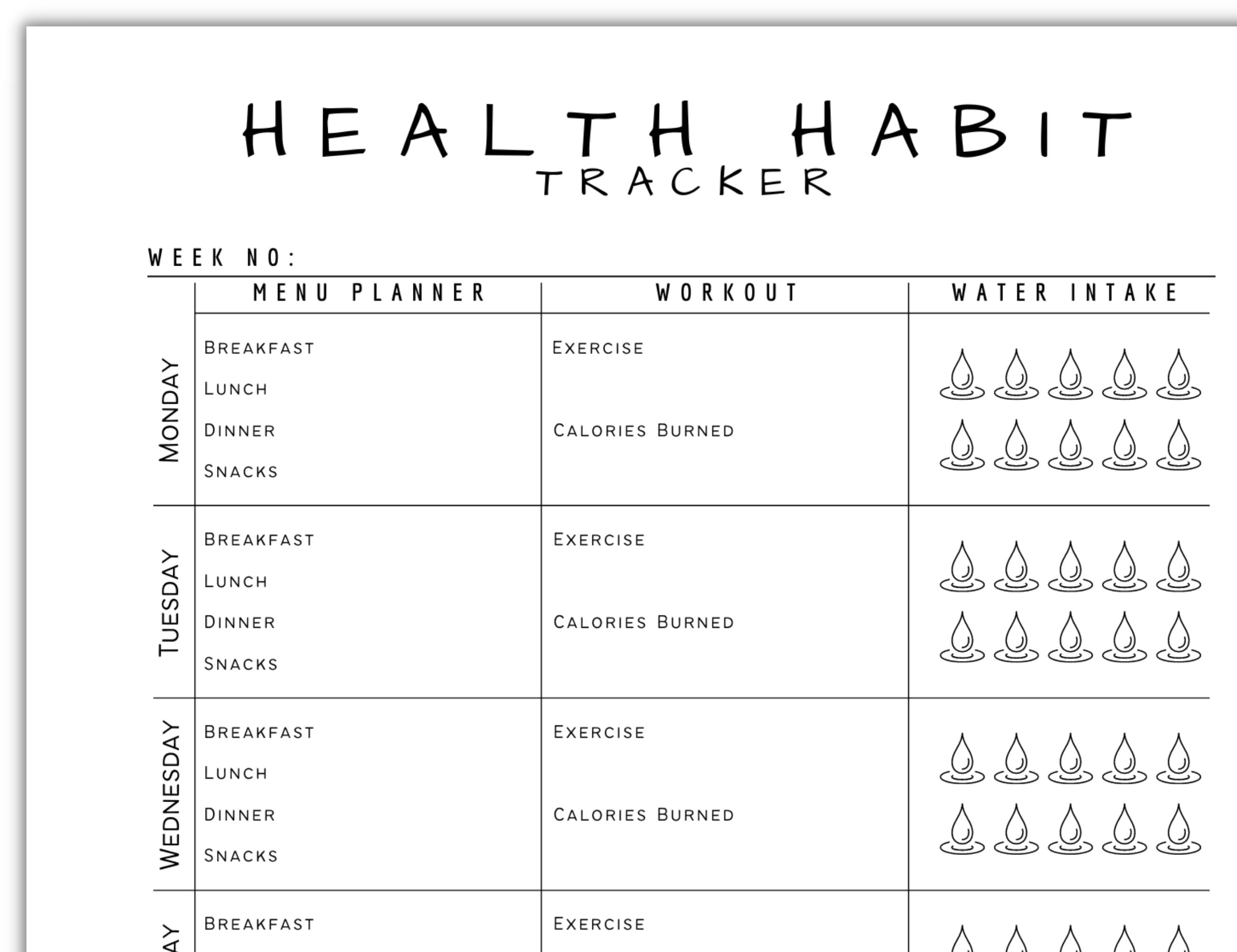 Printable Health Habit Tracker, Meal Planner, Workout and Water Intake ...