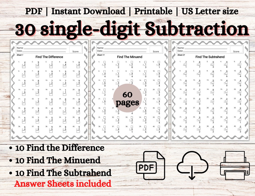 30 Single-digit Subtraction Worksheet - Find the Difference, Minuend ...