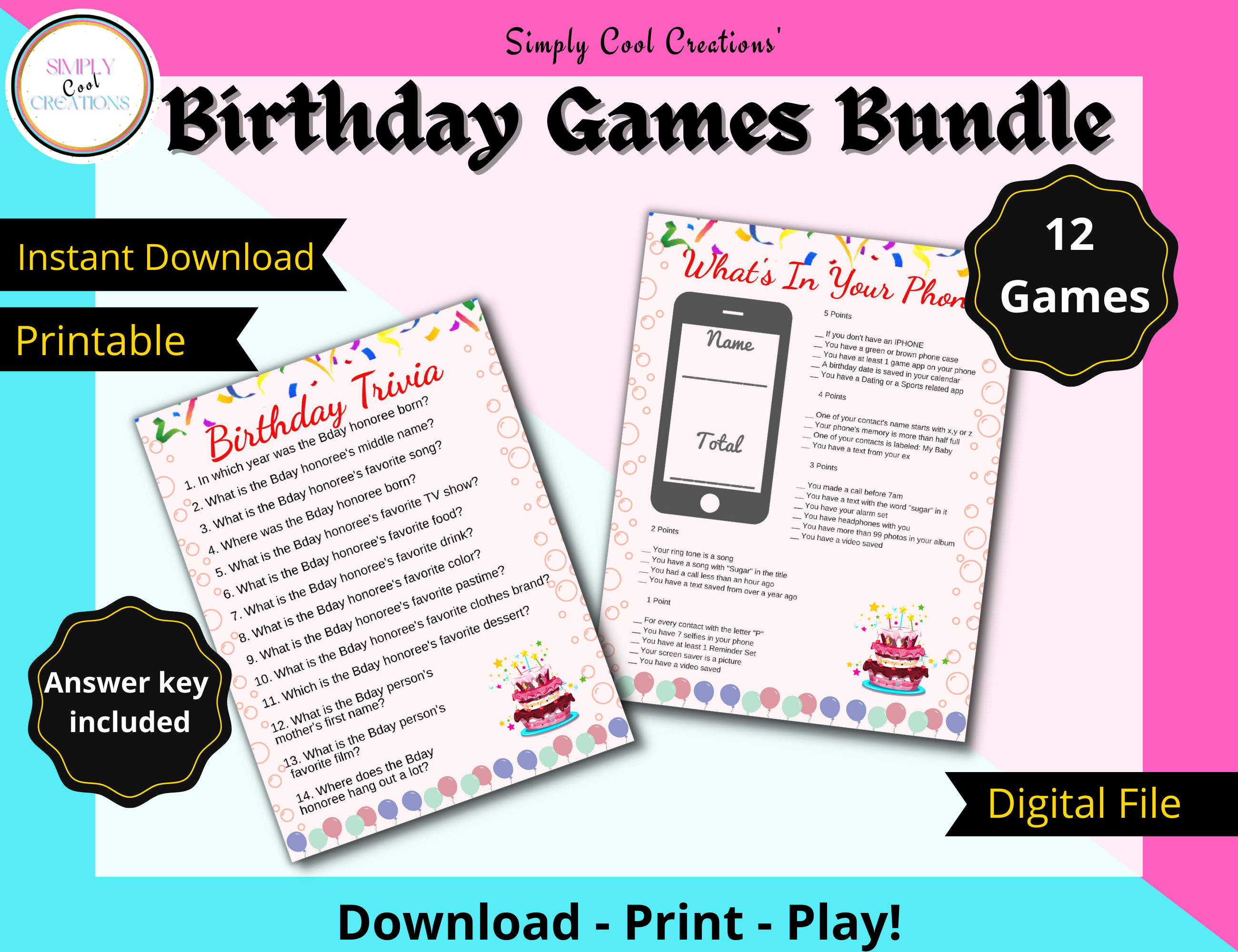 12 Printable Birthday Party Games Bundle for Teens and Adults What's in ...
