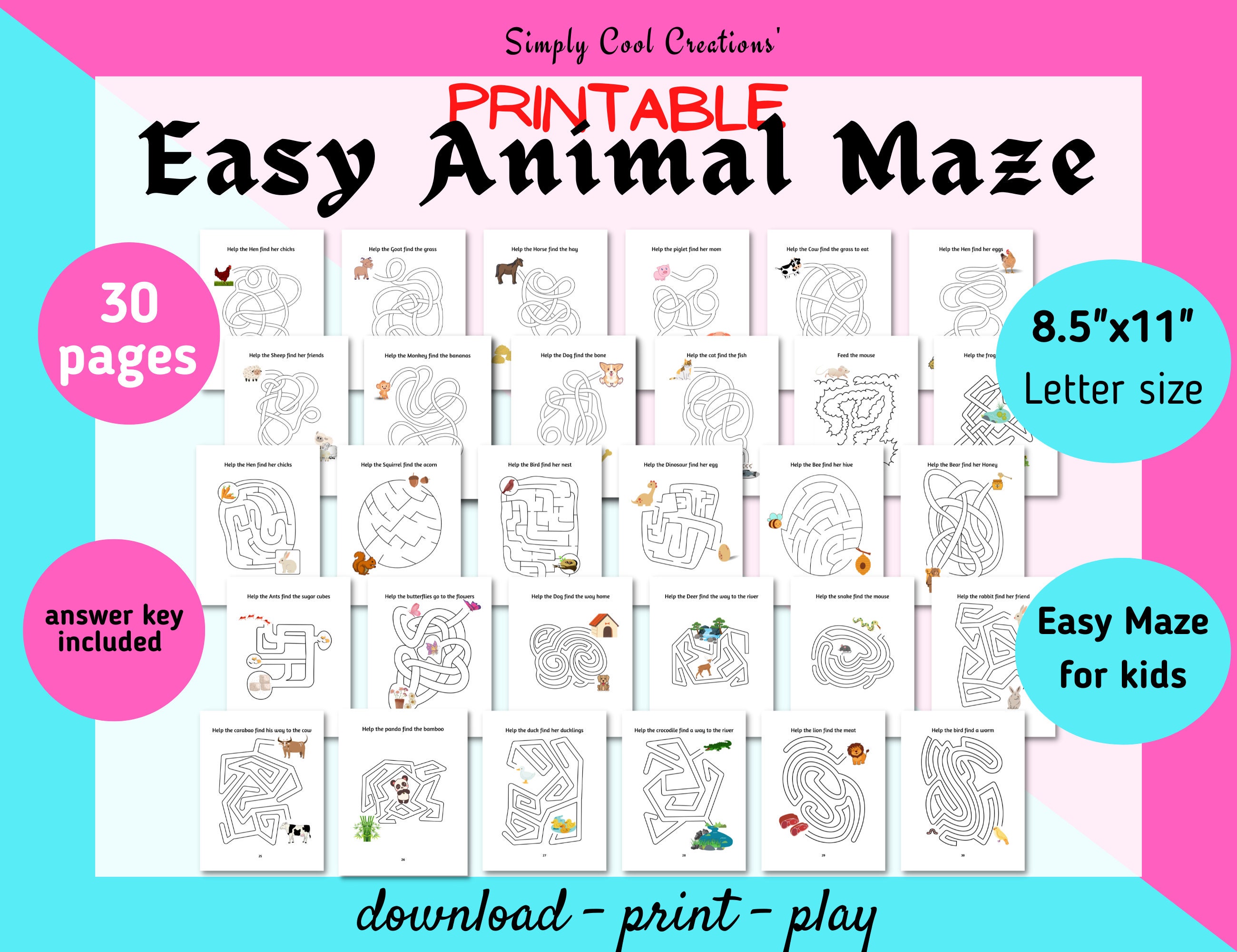 30 Printable Fun Animal Maze Educational Game for Kids Pre-school ...