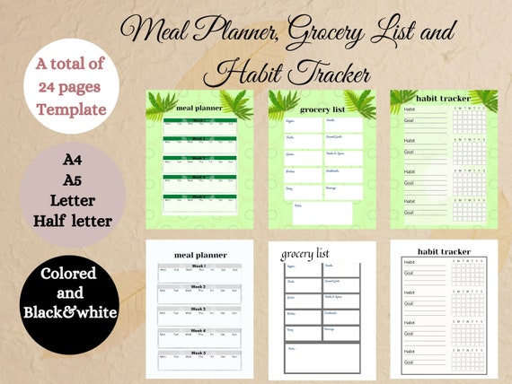 Printable Meal Planner Habit Tracker and Grocery List Bundle | Etsy