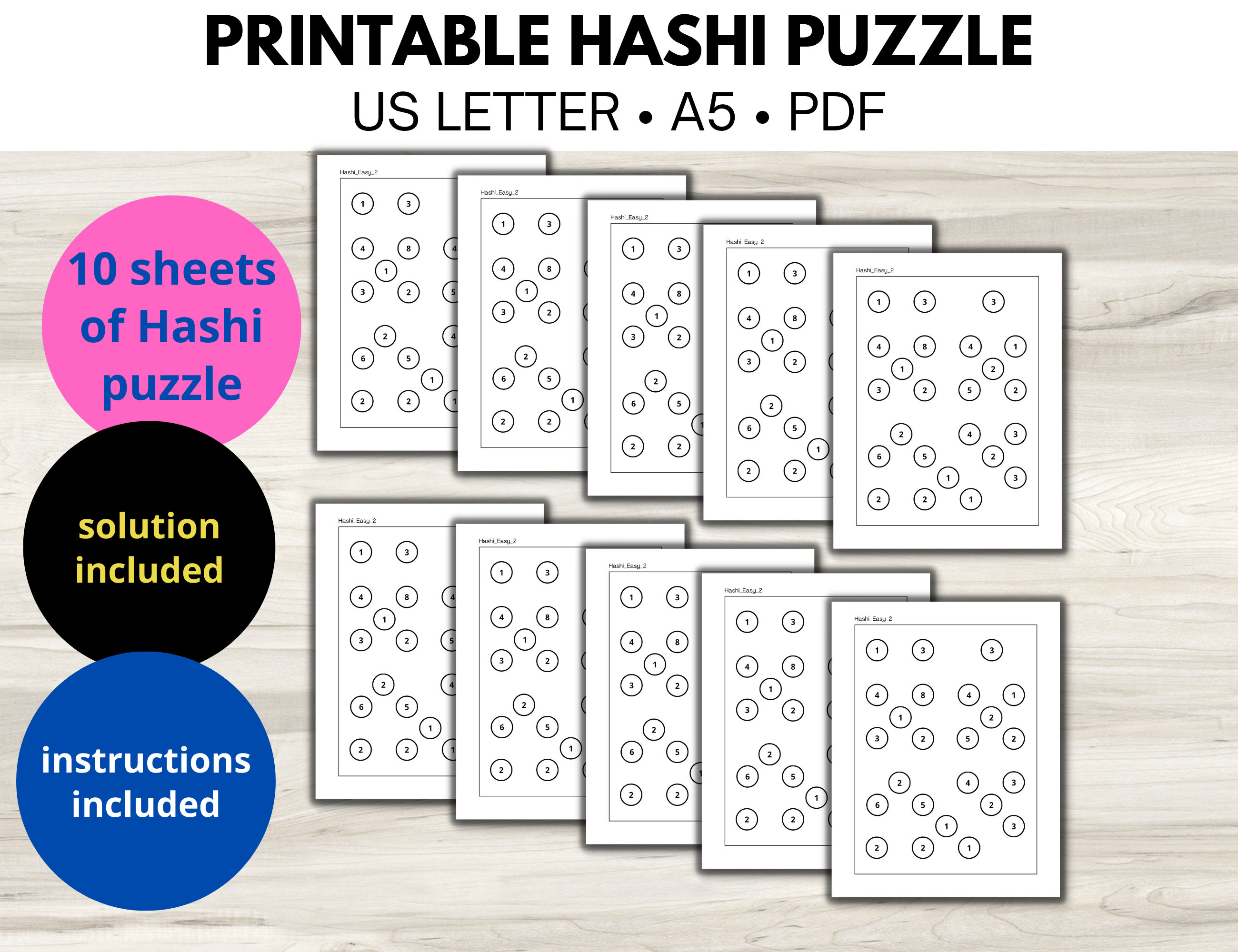 10 Sheets of Printable Hashi Hashiwokakero Japanese Mind Brain Puzzle ...