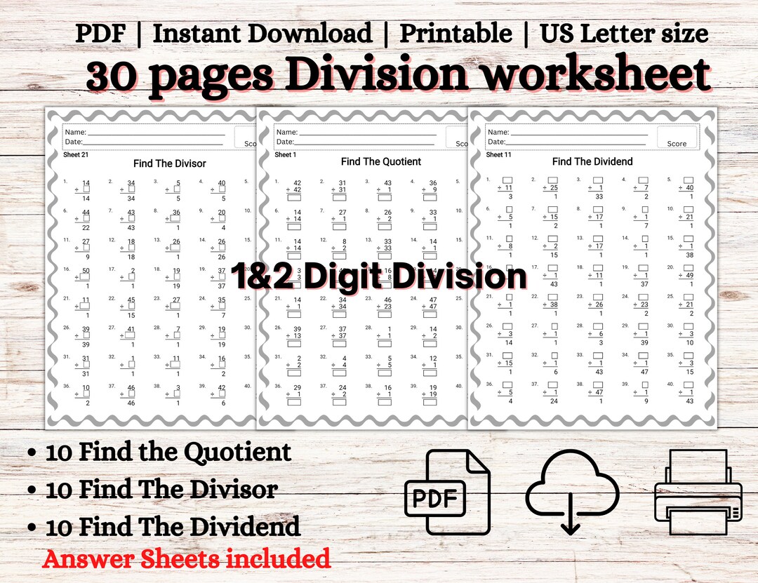 30 Sheets Double Digit Division Worksheets | Numbers 1-50 Division ...