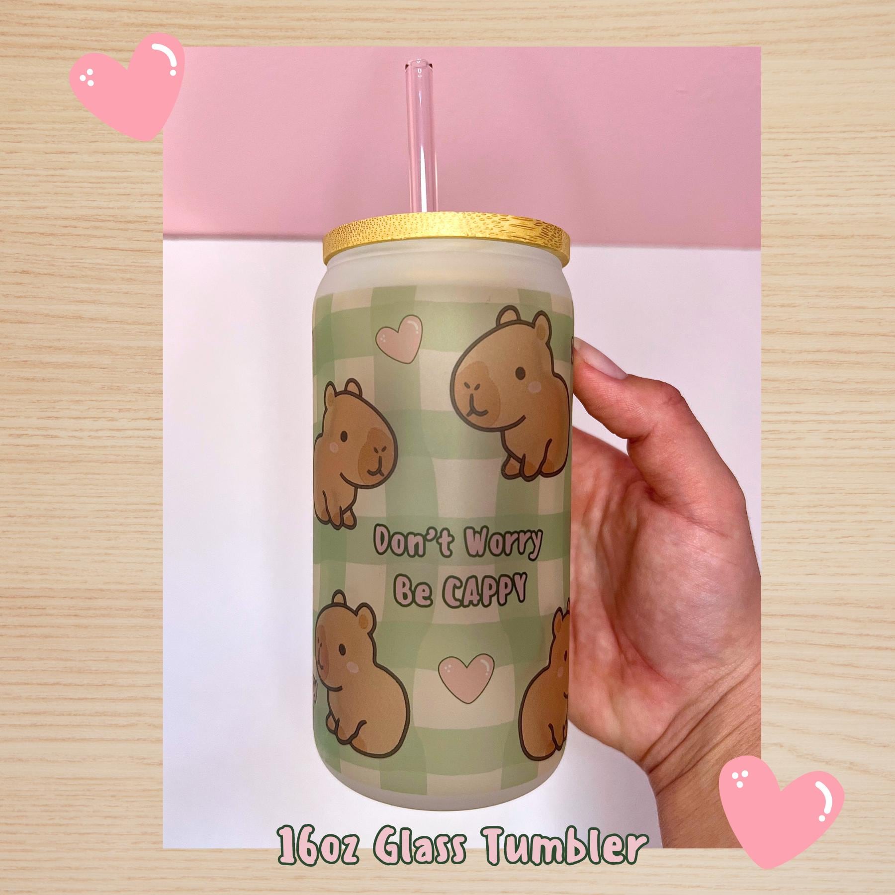 Capybara Cute Tumbler 16oz Don't Worry Be Cappy Glass Iced Coffee Cup ...