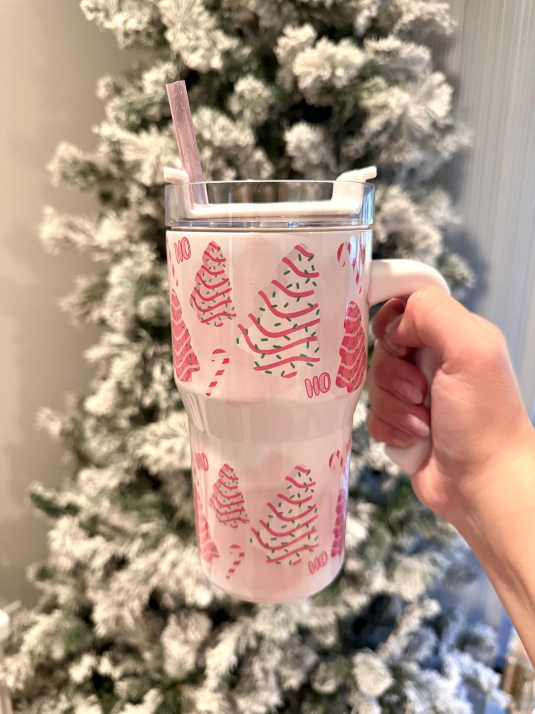 Holiday Tumbler 20oz Cup With Handle, Pink Christmas, Christmas Tree ...