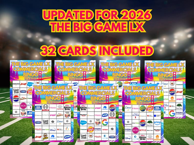 Super Big Game Commercials Bingo - 2026 Bowl Ads Game - Football Watch ...
