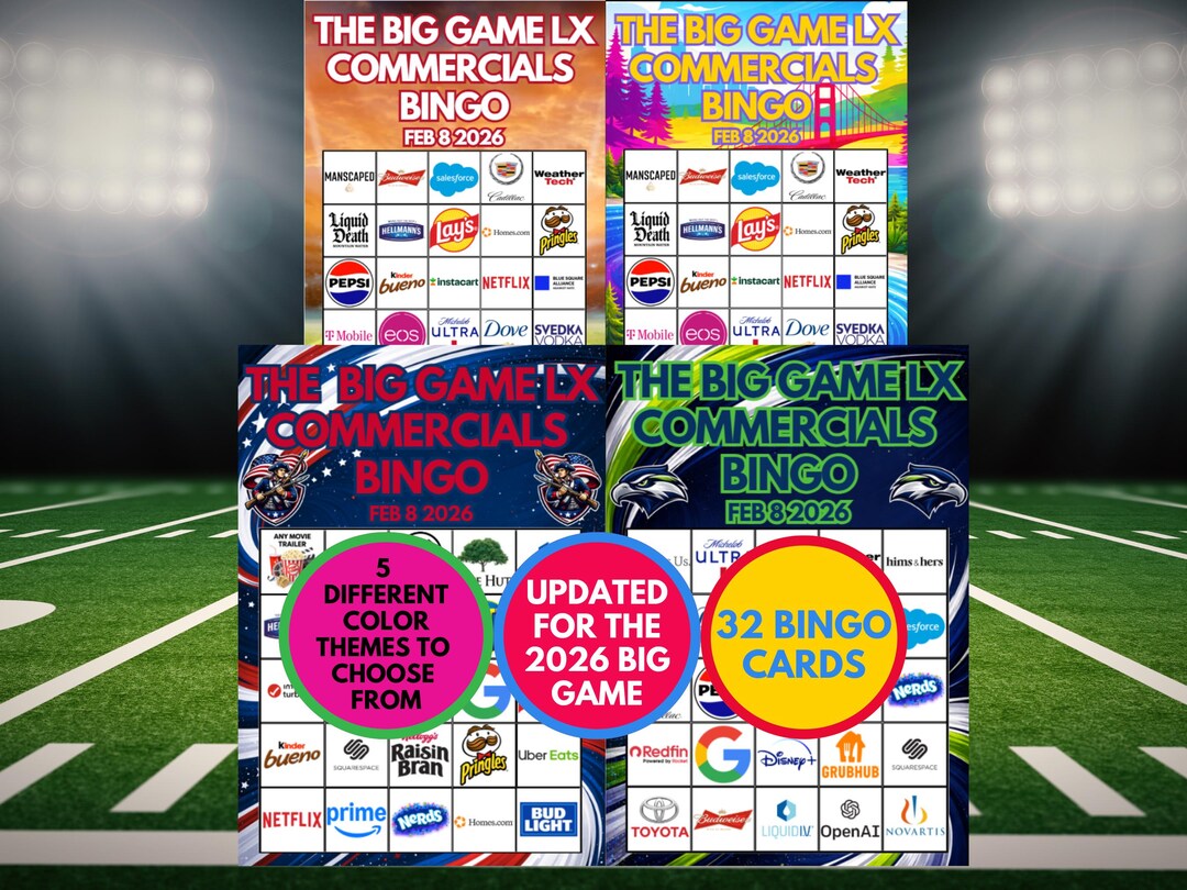 Super Big Game Commercials Bingo - 2026 Bowl Ads Game - Football Watch ...