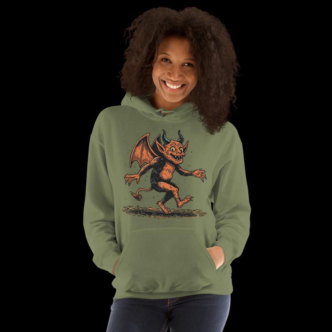 Vintage Halloween Hoodie – Little Red Devil Out for a Walk – Retro ...
