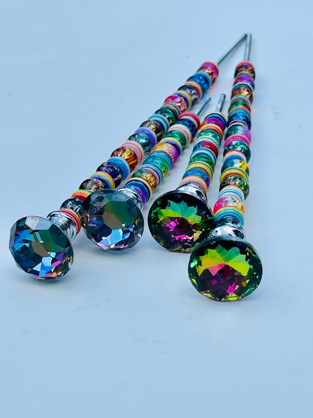 Jeweled Garden Stake, Rainbow Plant Stake, Handmade Beaded Plant Stick ...