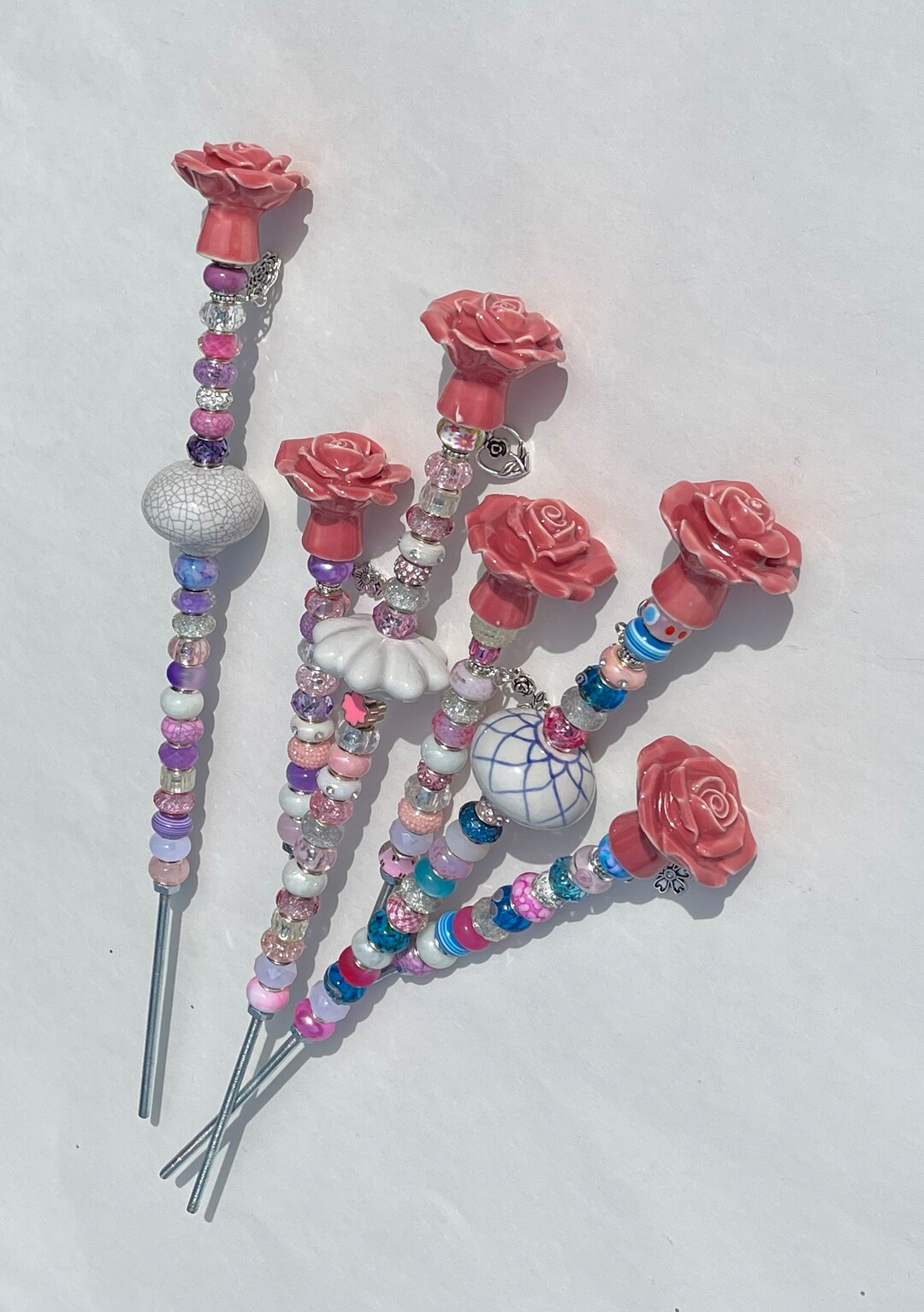 Pink Rose Plant Stake, Garden Stake, Fairy Garden Plant Stick, Jeweled ...