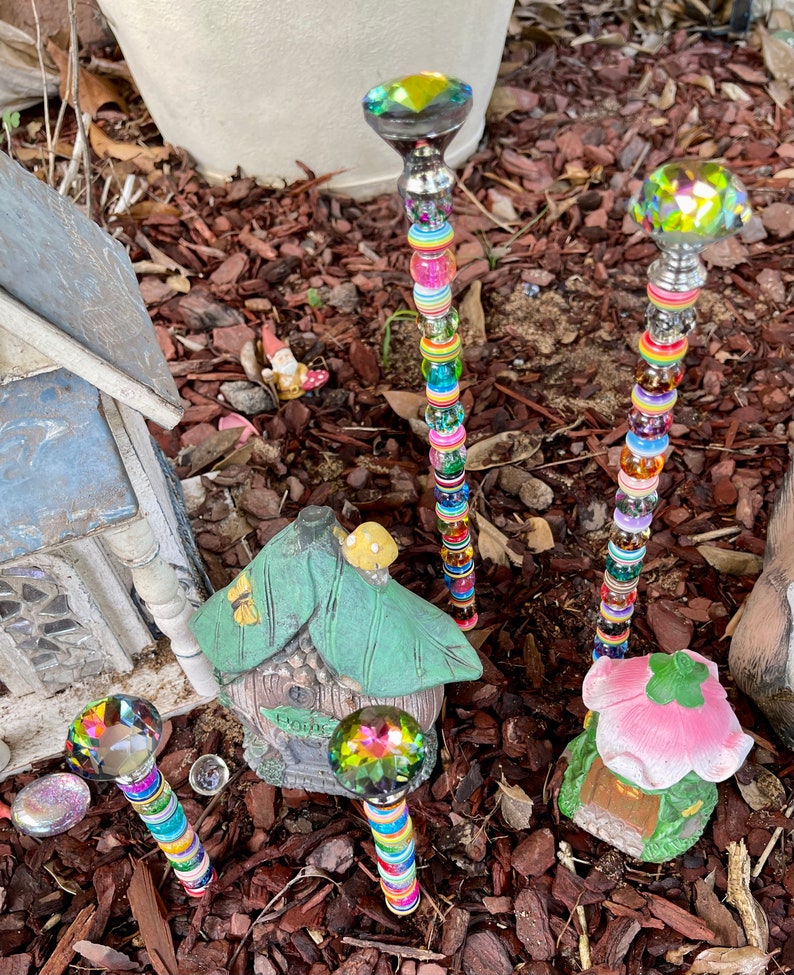 Jeweled Garden Stake, Rainbow Plant Stake, Handmade Beaded Plant Stick ...
