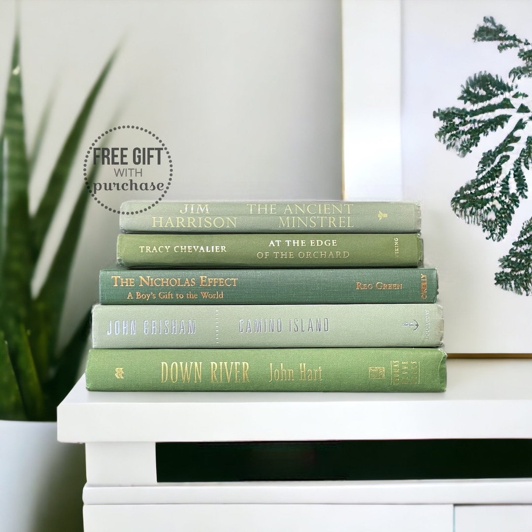 Decorative Books Stack Botanical Inspired Home Decor Green Bookshelf ...