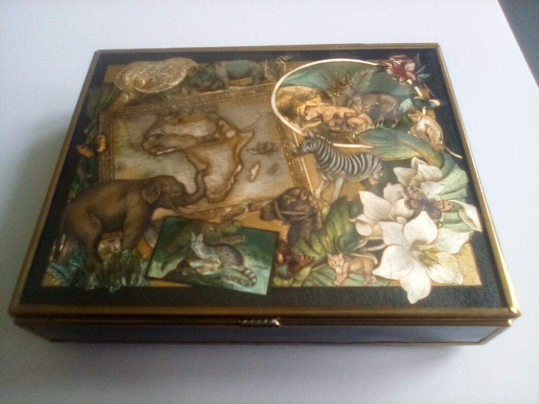 Jewelry Box Vintage 1993 Glass Africa Animals Zoo Map Thomas Cathey ...