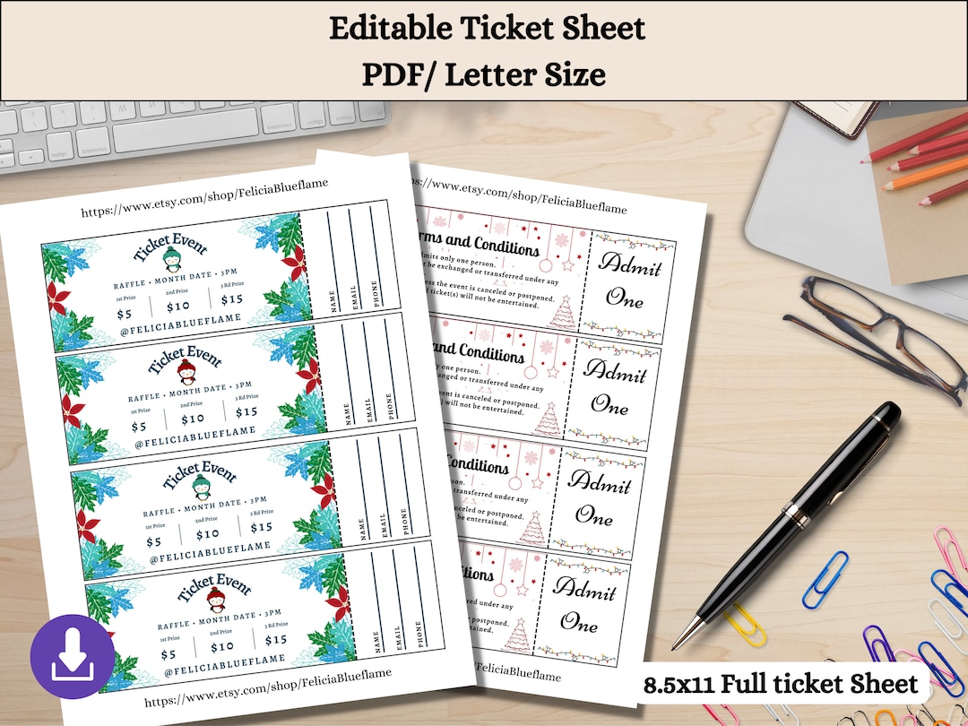 Green and Blue Ticket, Printable Raffle, Editable Template Ticket, Diy ...