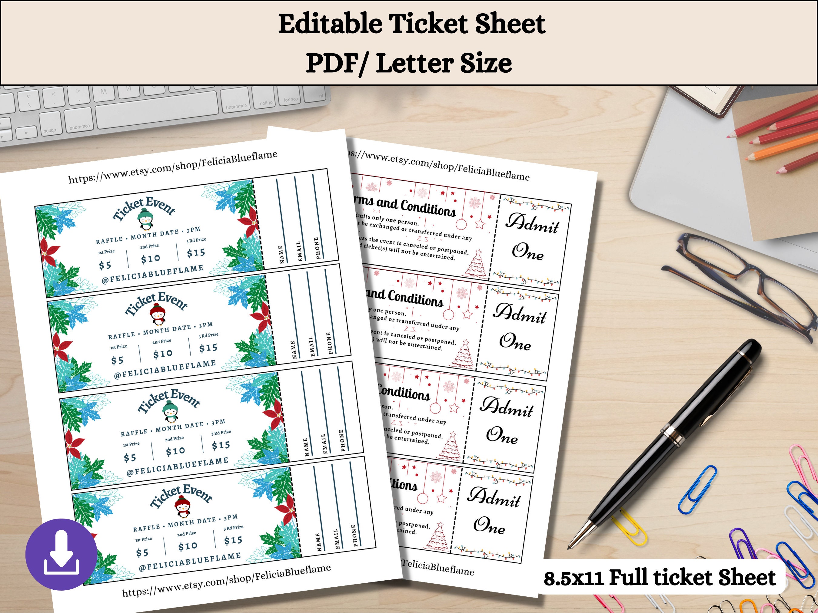 Green and Blue Ticket, Printable Raffle, Editable Template Ticket, Diy ...