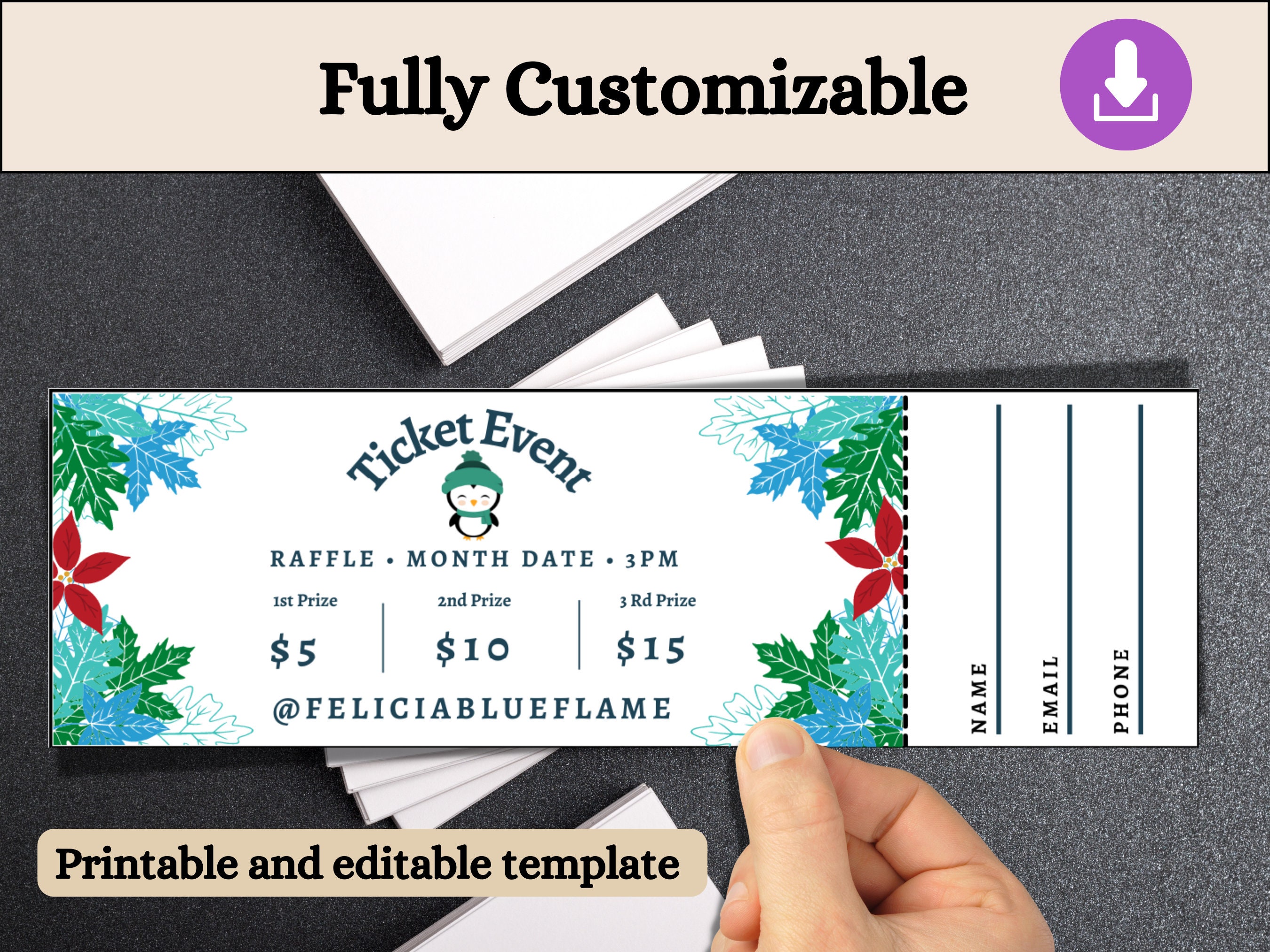 Green and Blue Ticket, Printable Raffle, Editable Template Ticket, Diy ...
