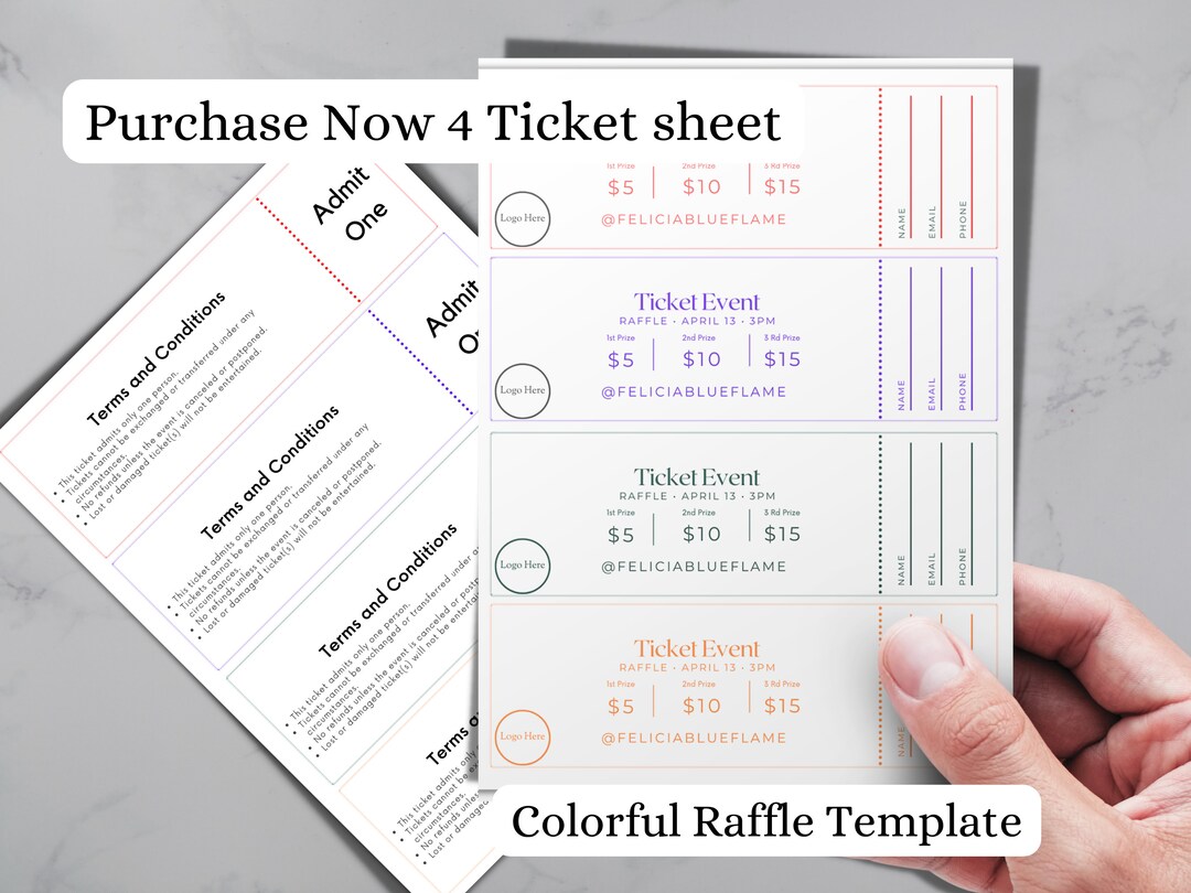 Raffle Sheet Template Ticket, Diy Ticket, Custom Ticket, Colorful ...