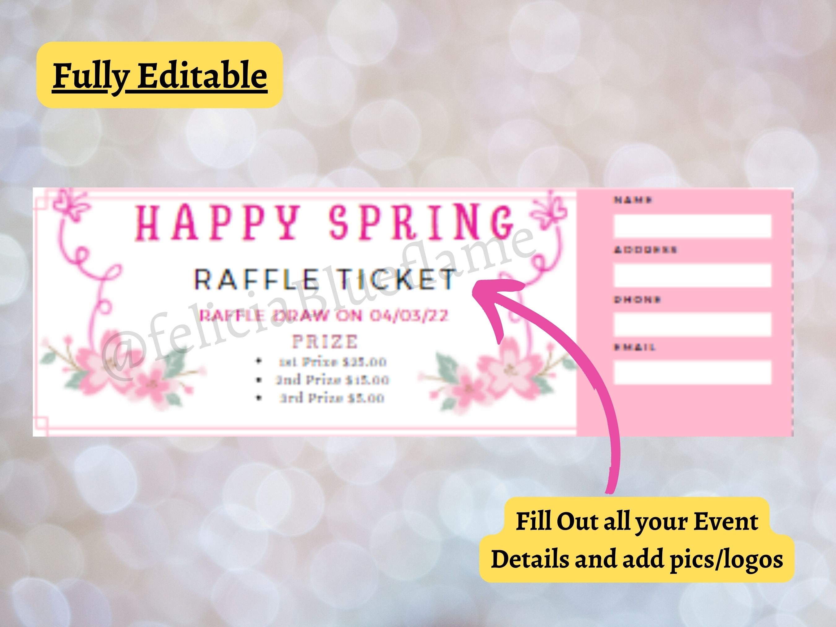 Editable Ticket Template, Spring Raffle, Raffle Ticket Template, 4 Set ...