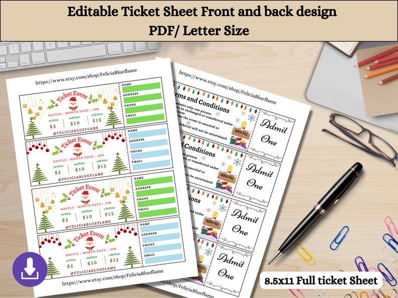 Red, Green and Blue Ticket, Printable Raffle, Editable Template Ticket ...