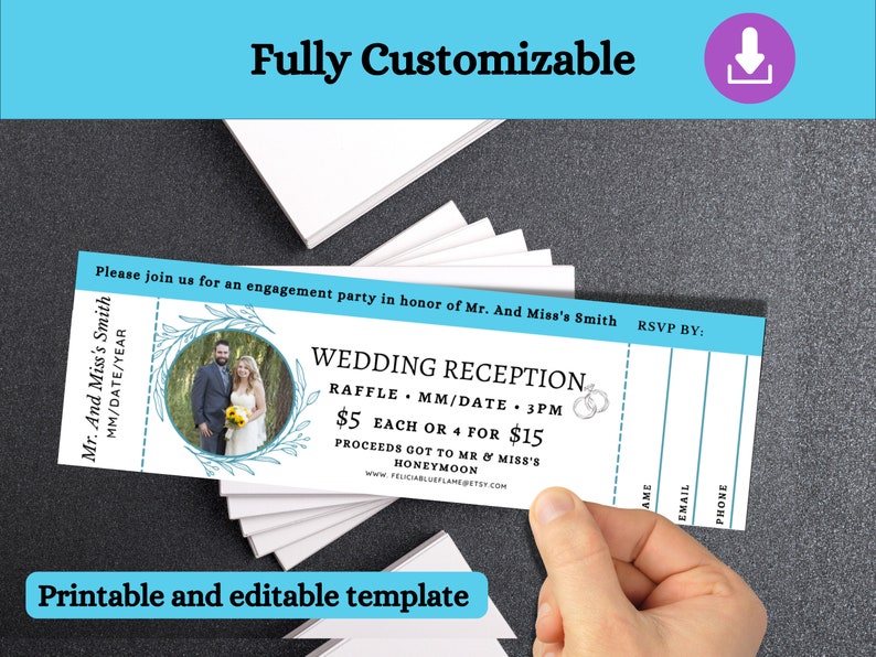 Blue Wedding Ticket, Blank Editable Raffle Template Ticket, Diy Ticket ...