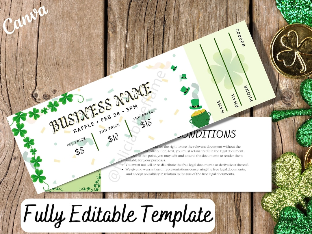 Green Ticket, Editable Raffle Template Ticket, St. Patrick's Day Themed ...