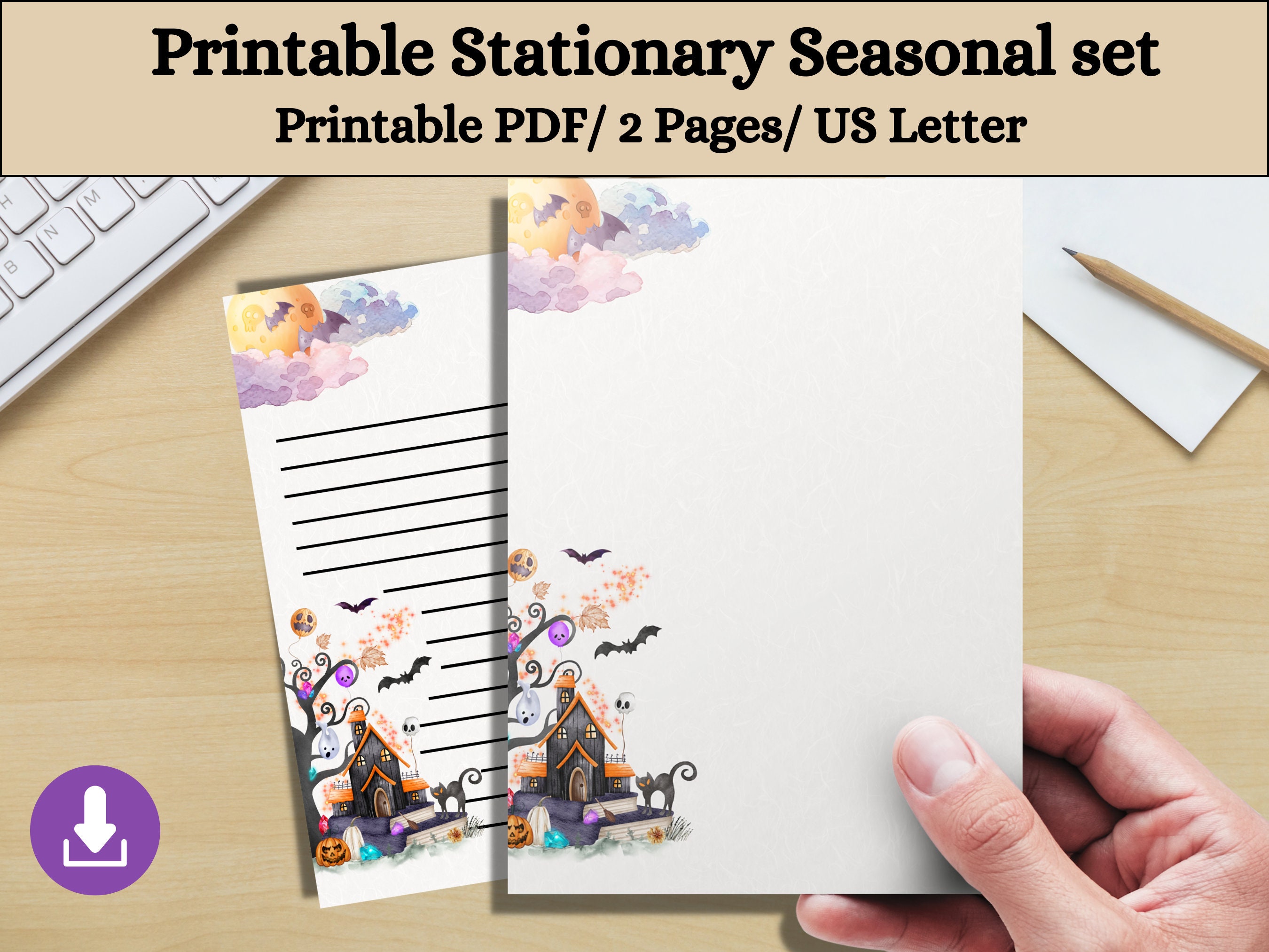 Halloween Printable Stationery Set, Watercolor Halloween, Lined and ...