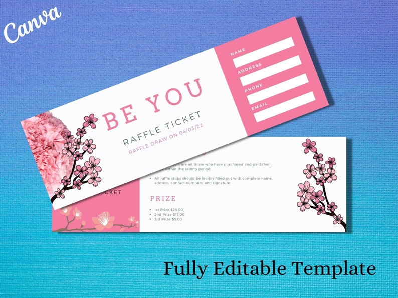Pink Ticket, Sakura Themed, Raffle Ticket Editable Template - Etsy