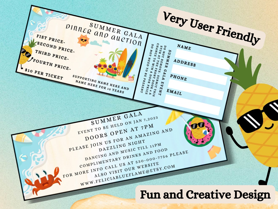 Summer Gala Ticket, Editable Template Ticket, Diy Ticket, Custom Ticket ...