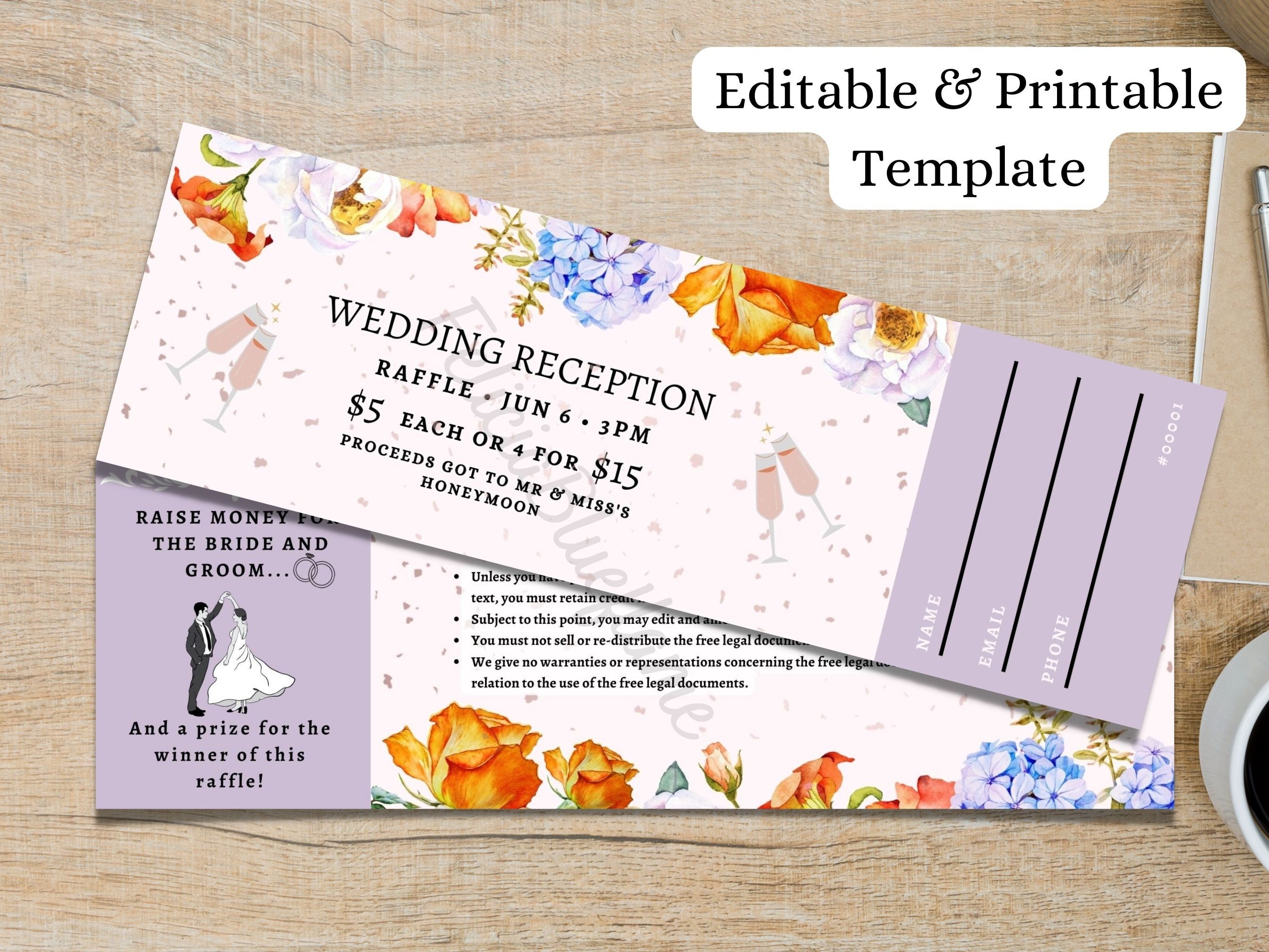 Pink and Purple Ticket, Wedding Raffle Ticket Template, Editable Ticket ...