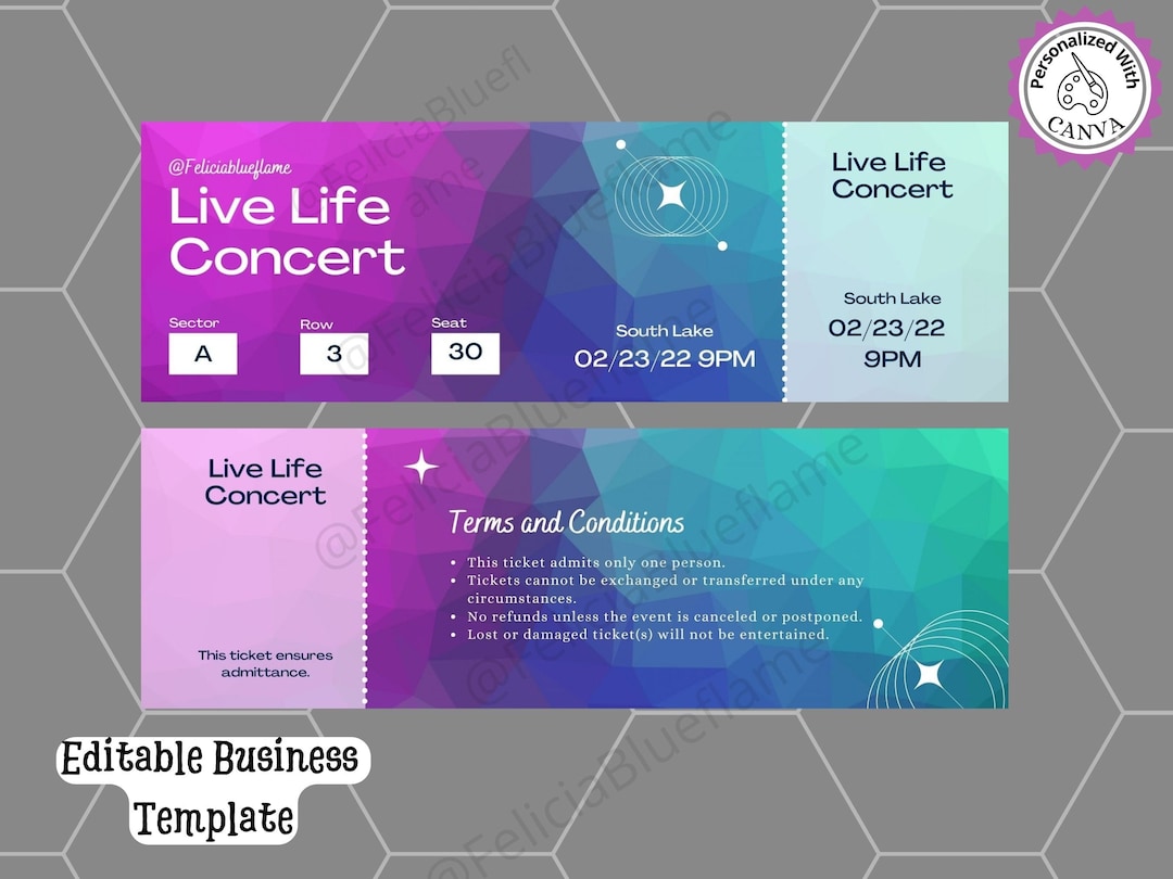 Editable Concert Ticket Template, Purple & Pink (PDF, JPG, PNG) - Etsy