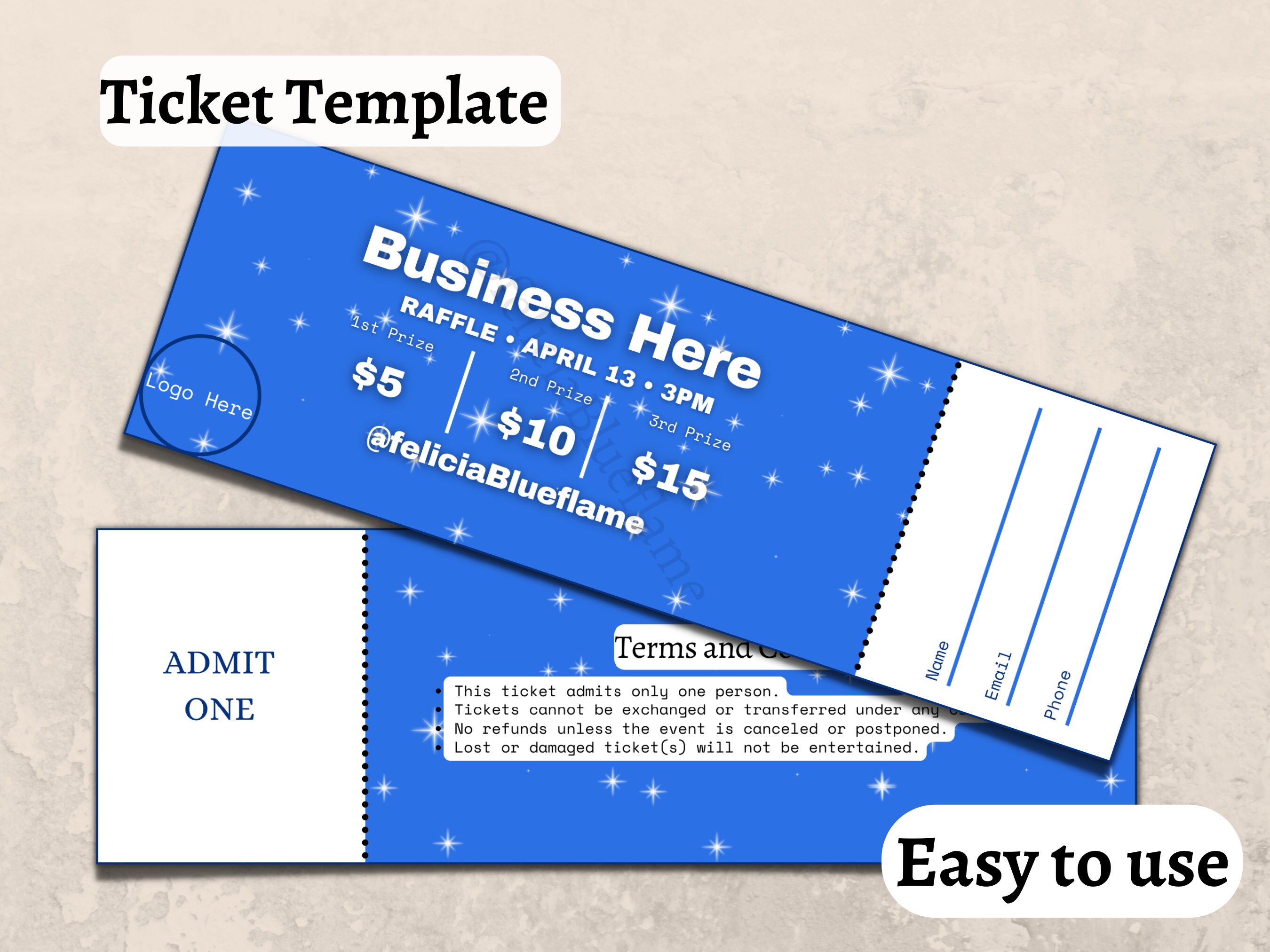 Blue and White, Raffle Template Ticket, Diy Ticket, Custom Ticket ...
