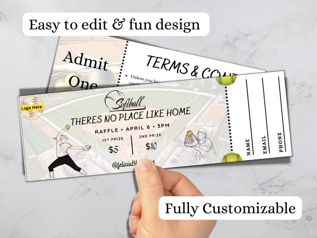 Softball 4 Ticket, Editable Raffle Template Ticket, Diy Ticket, Custom ...
